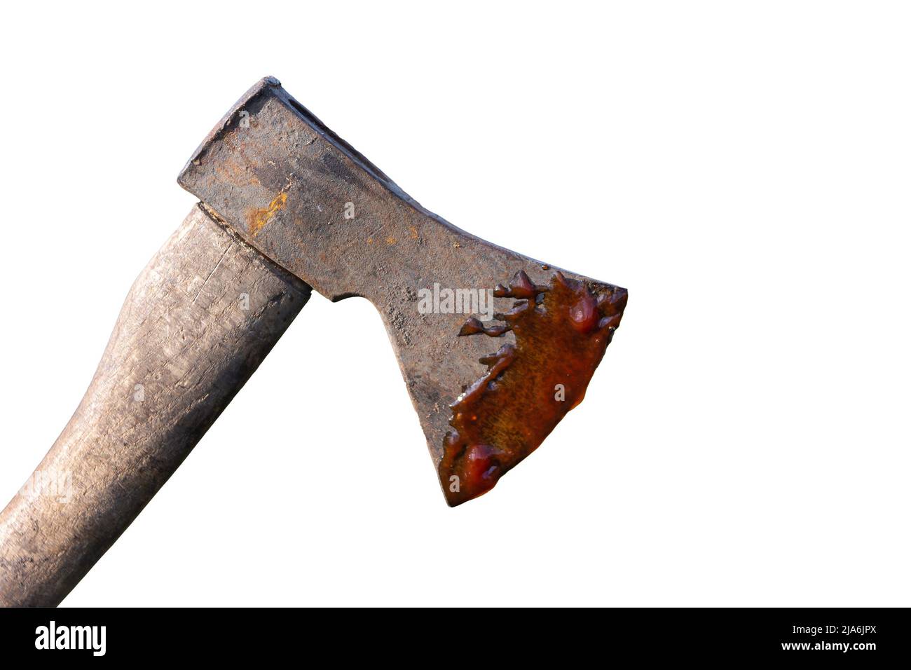 Old rusty axe with fake blood on the blade isolated on white background ...