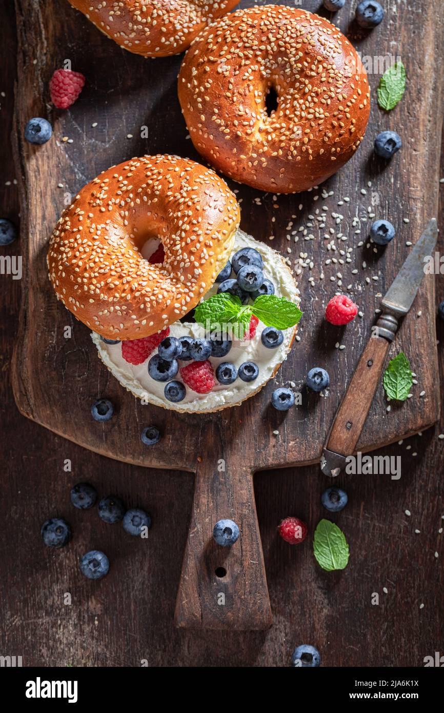 Healthy and sweet golden bagels for healthy breakfast. Bagels with ...