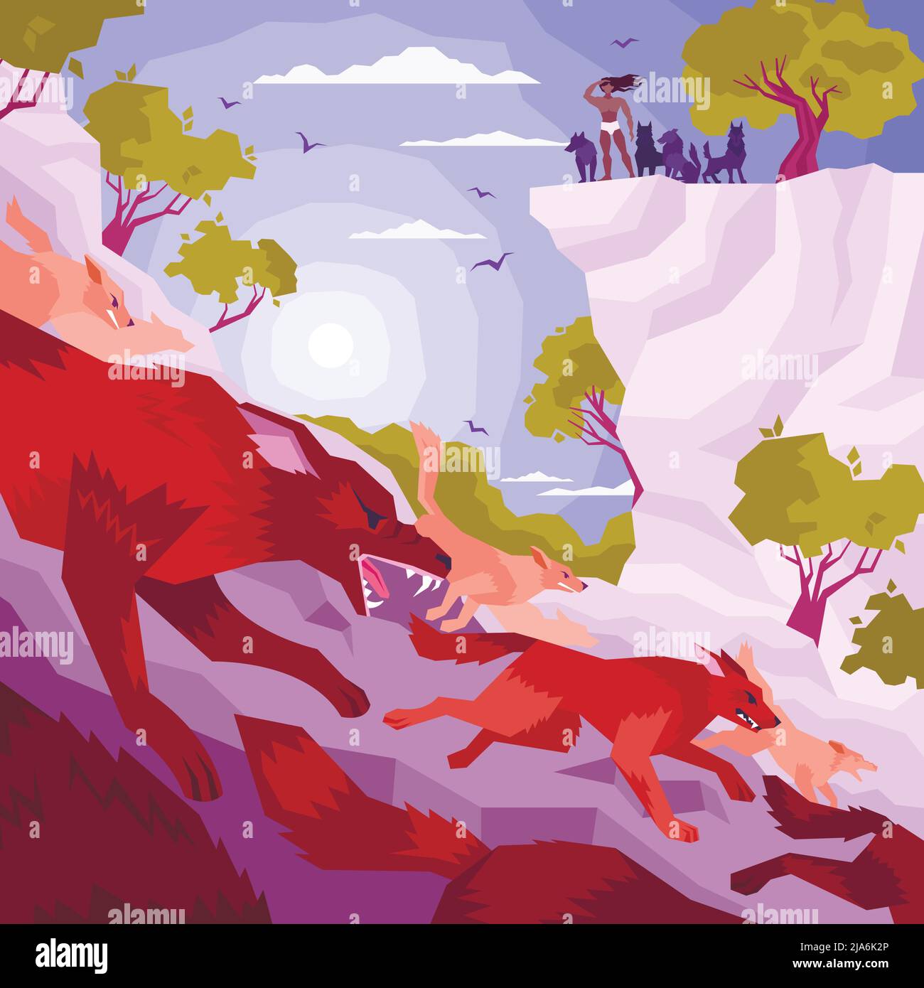 Flat mowgli composition with the hero stands on top of the mountain and ...