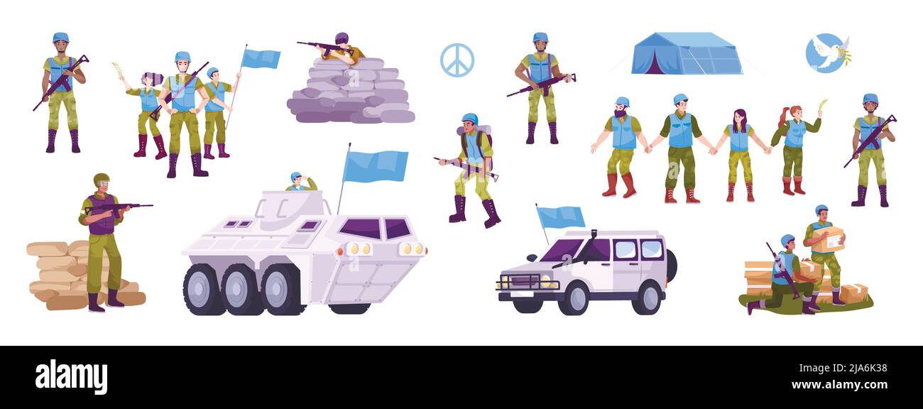 Peacekeepers flat icon set with military in uniform and with flags ...