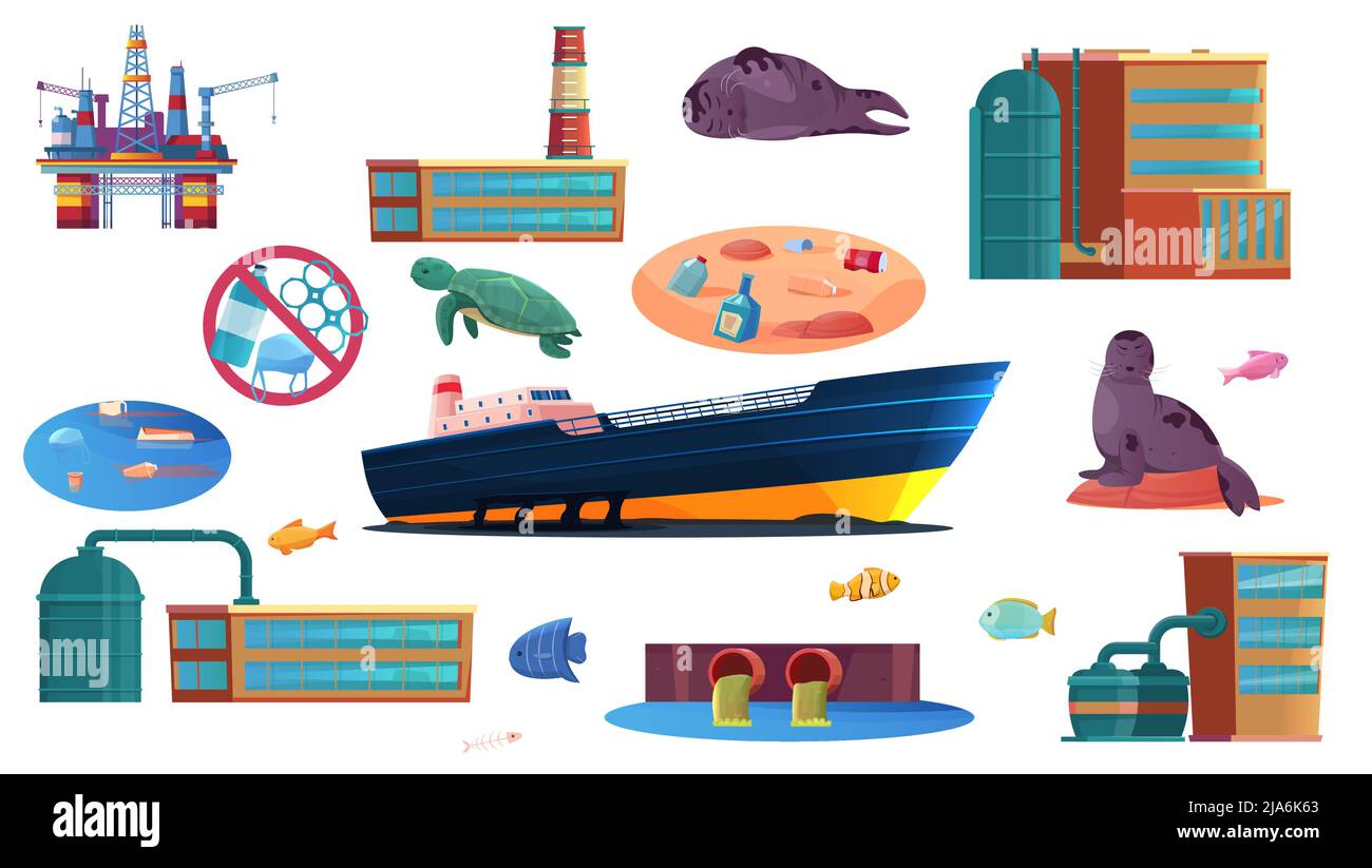 Ocean pollution flat set of industrial objects polluting water surface ...