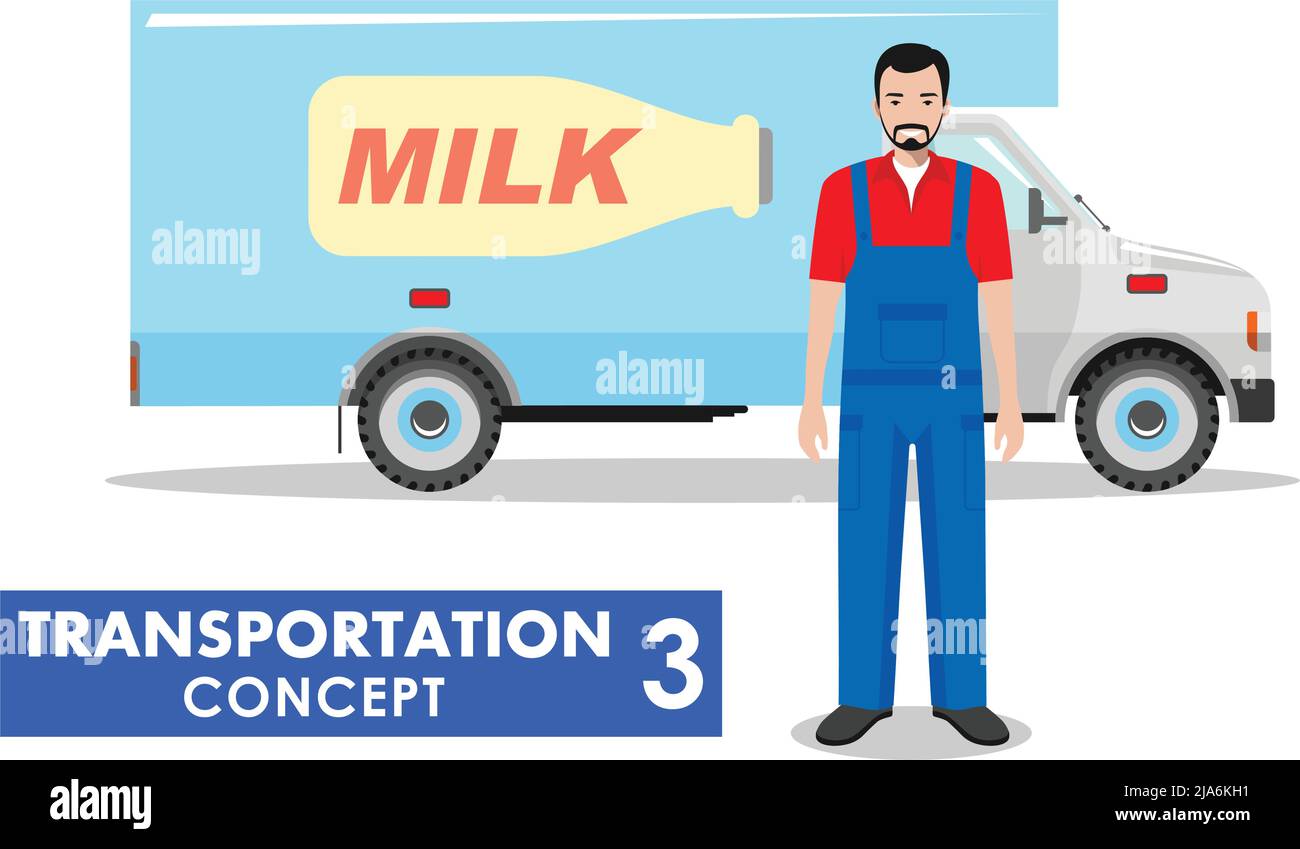 Detailed illustration of milk truck and driver on white background in ...