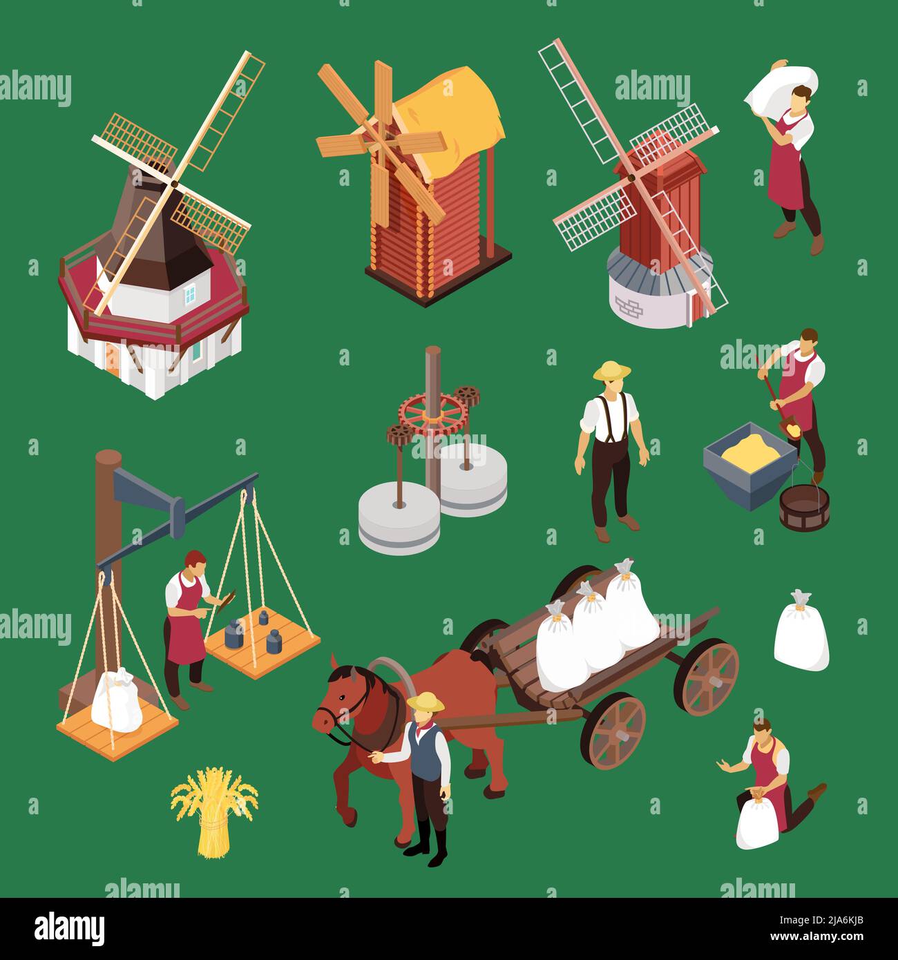 Isometric windmills color set with isolated human characters of ...
