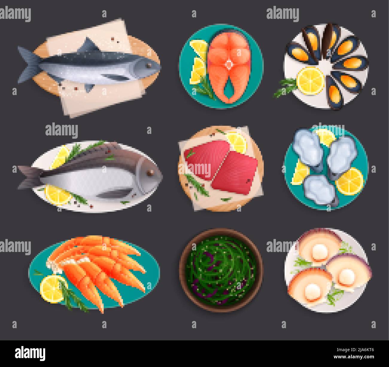 Set of isolated seafood flat icons with images of served dishes with ...