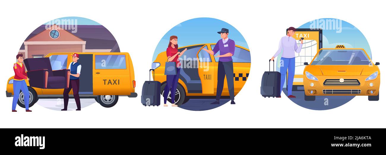 Round images of loading and ordering a taxi on a white background flat ...