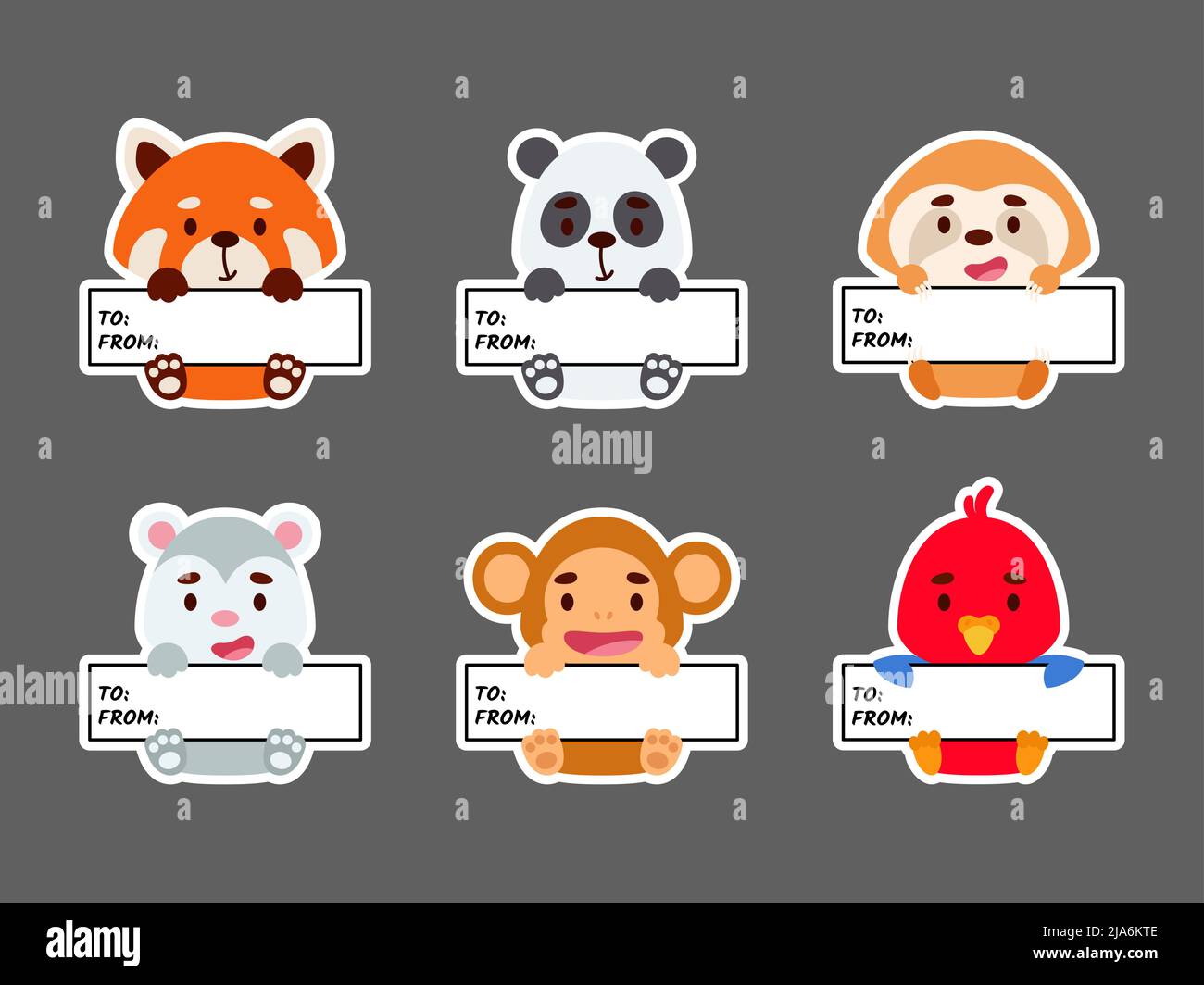 Sticky labels set of panda, sloth, red panda, opossum, monkey, parrot ...