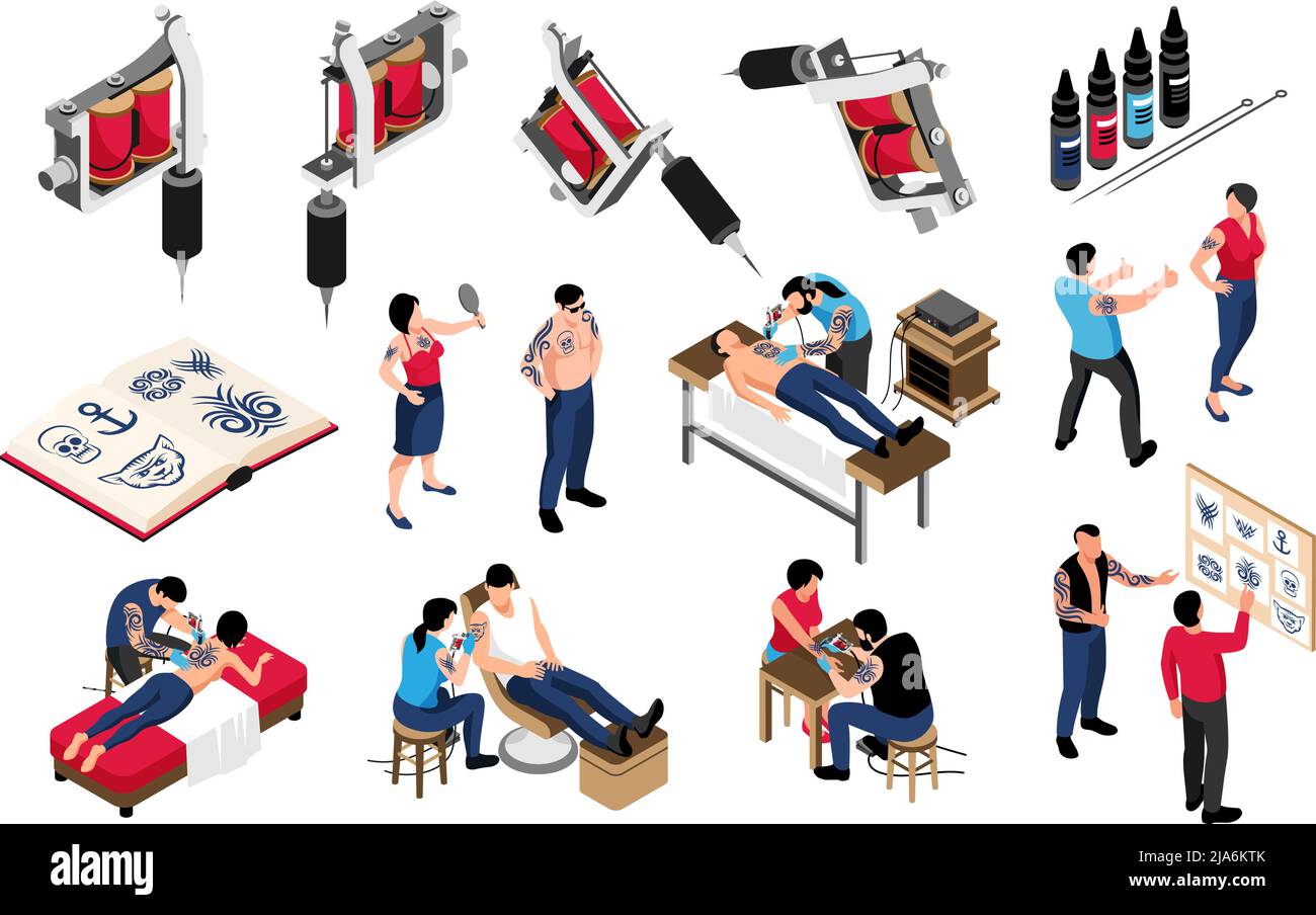 Tattoo isometric set of professional equipment album with various ...