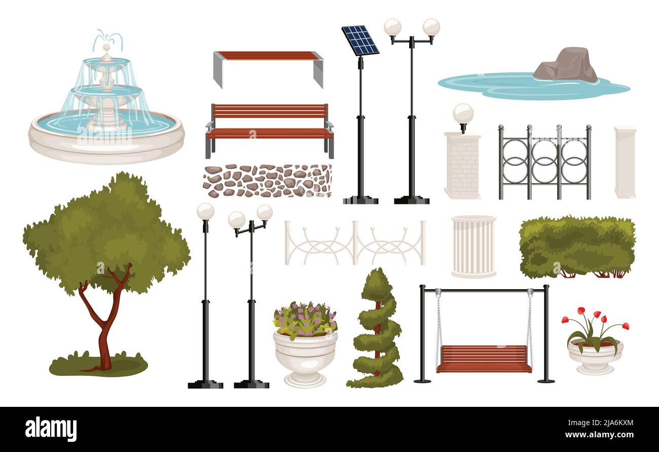 Park elements set with isolated icons of city park architectural ...