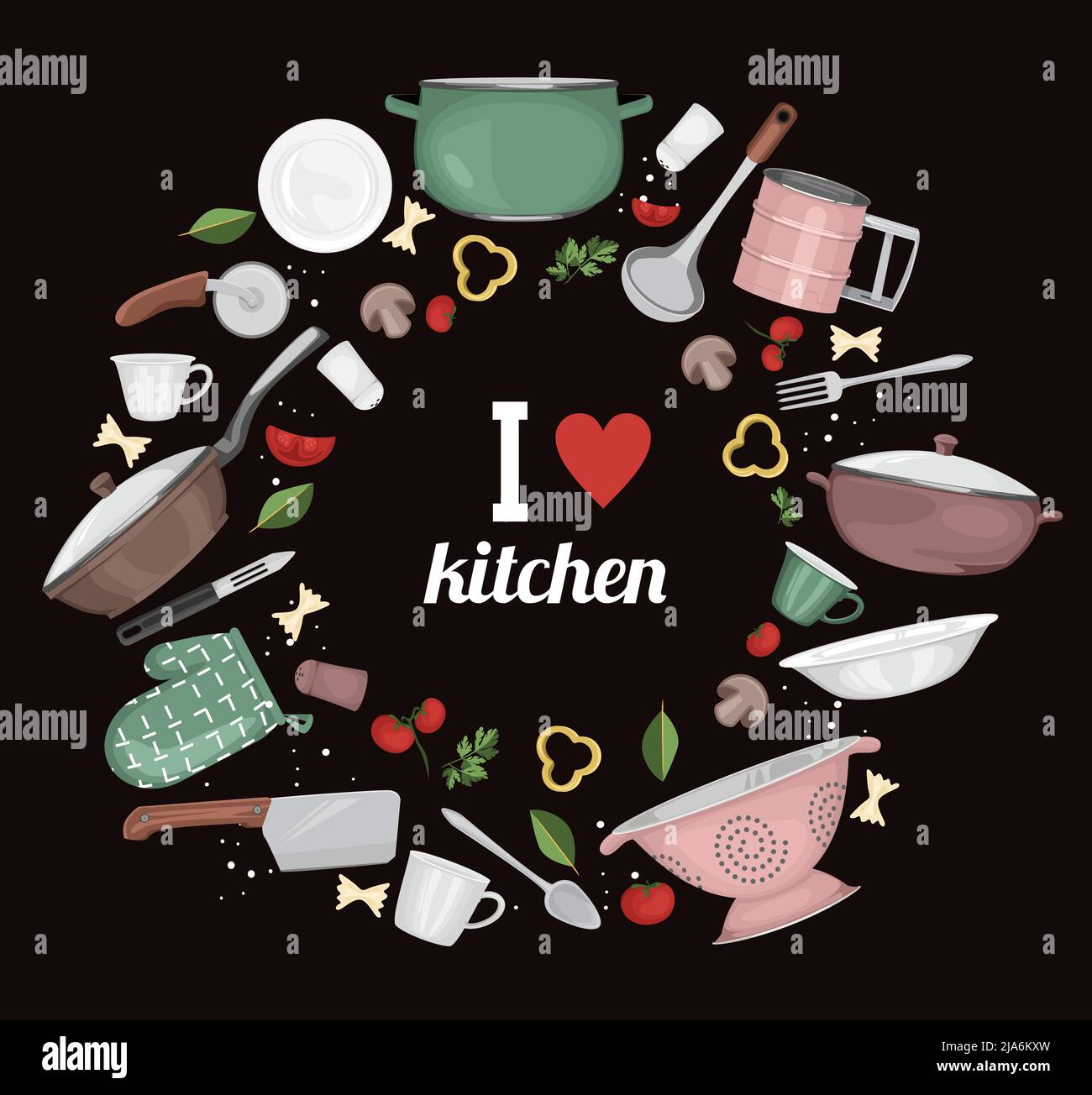 Kitchen chalkboard with round composition of isolated icons of ...