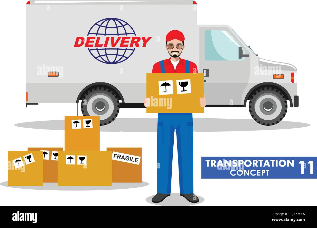 Detailed illustration of delivery truck and driver hold the box on ...