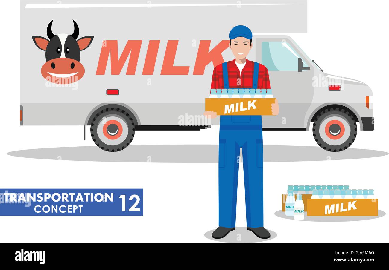 Detailed illustration of driver, farmer and milk truck on white ...