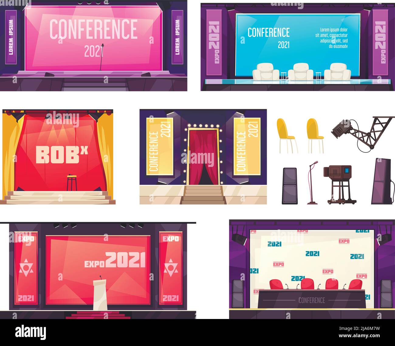 Conference hall set with presentation symbols flat isolated vector ...