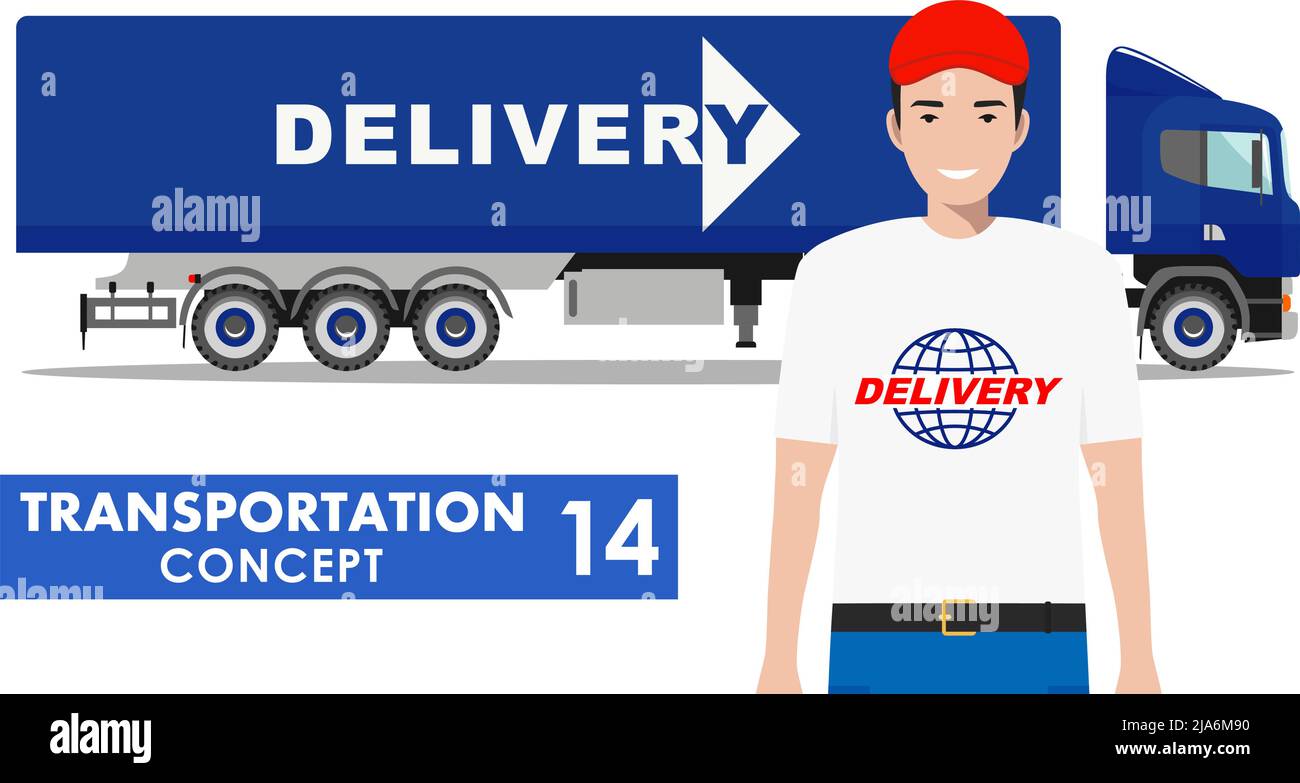 Detailed illustration of delivery truck and driver on white background ...