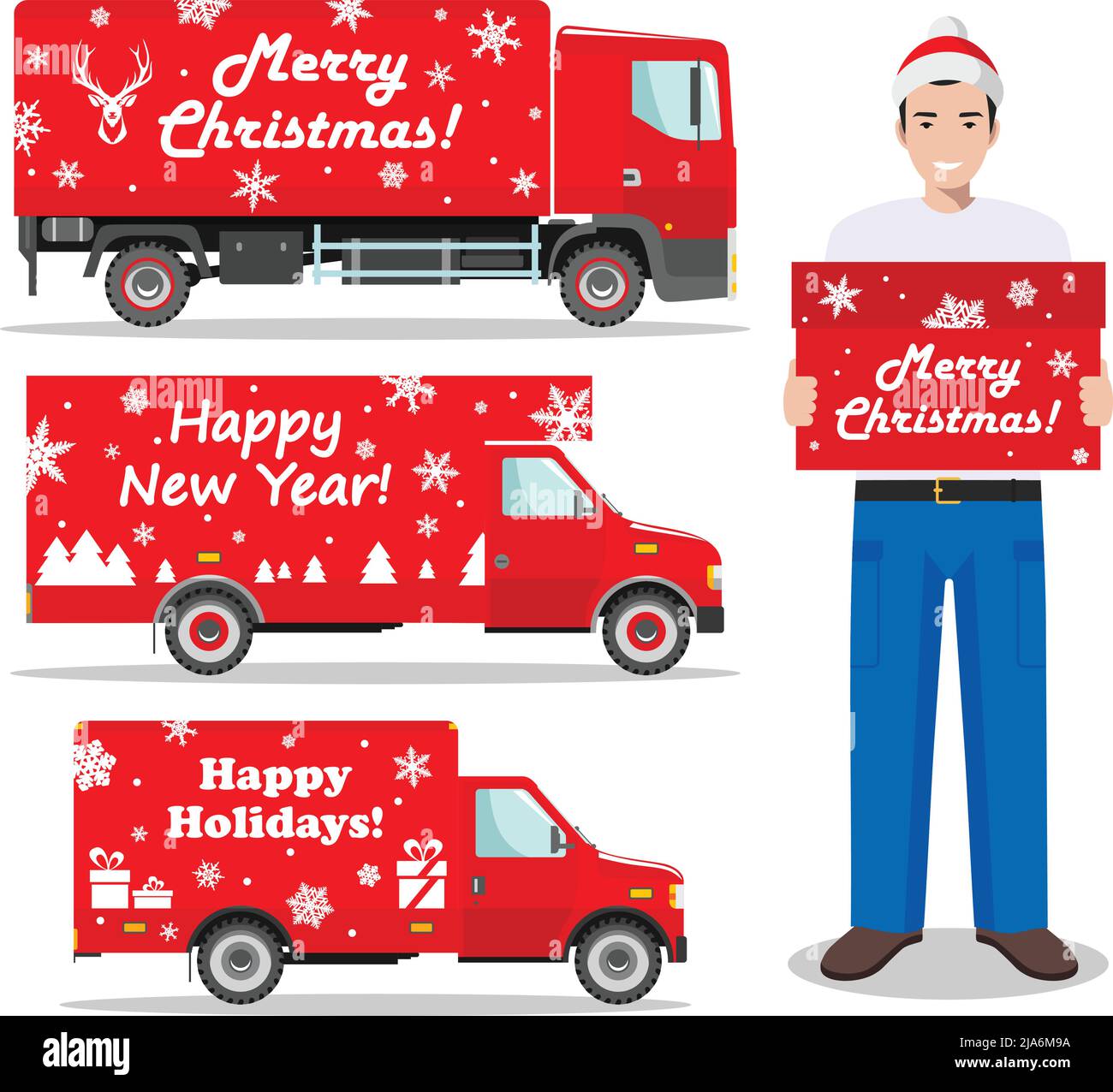 Detailed illustration of Christmas delivery truck and deliveryman hold ...