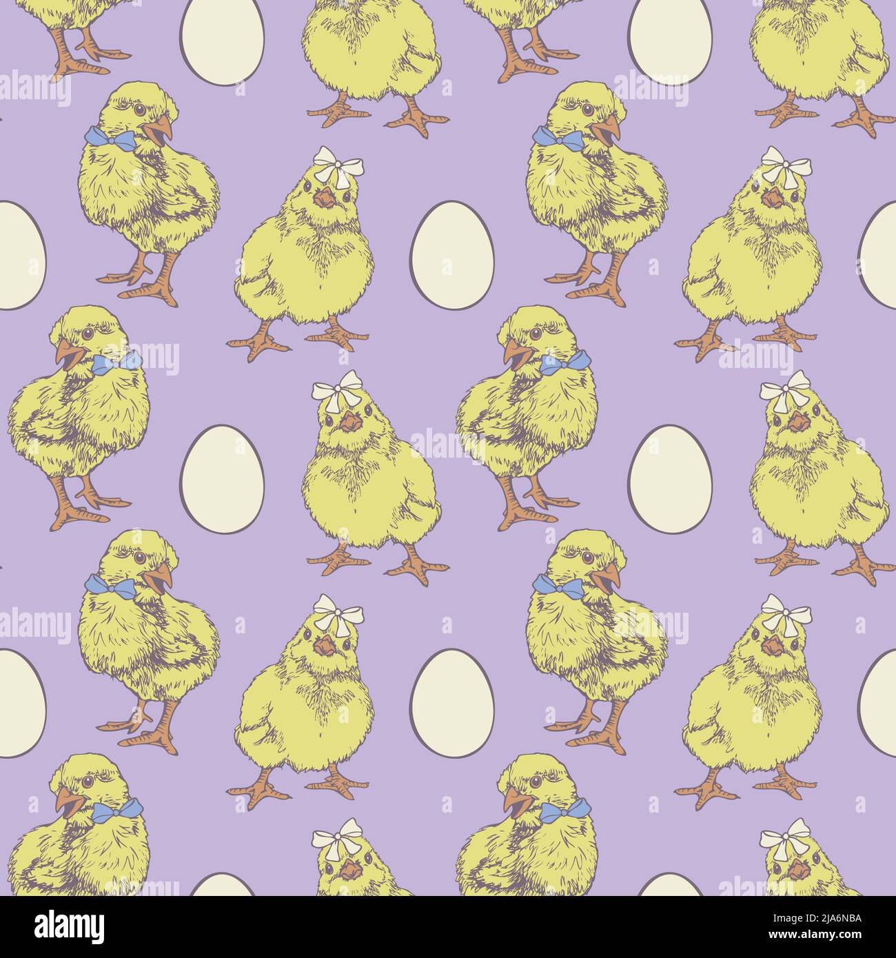 Vector seamless pattern with cute chicks with bow knots. Hand drawn design with chicks and eggs ...