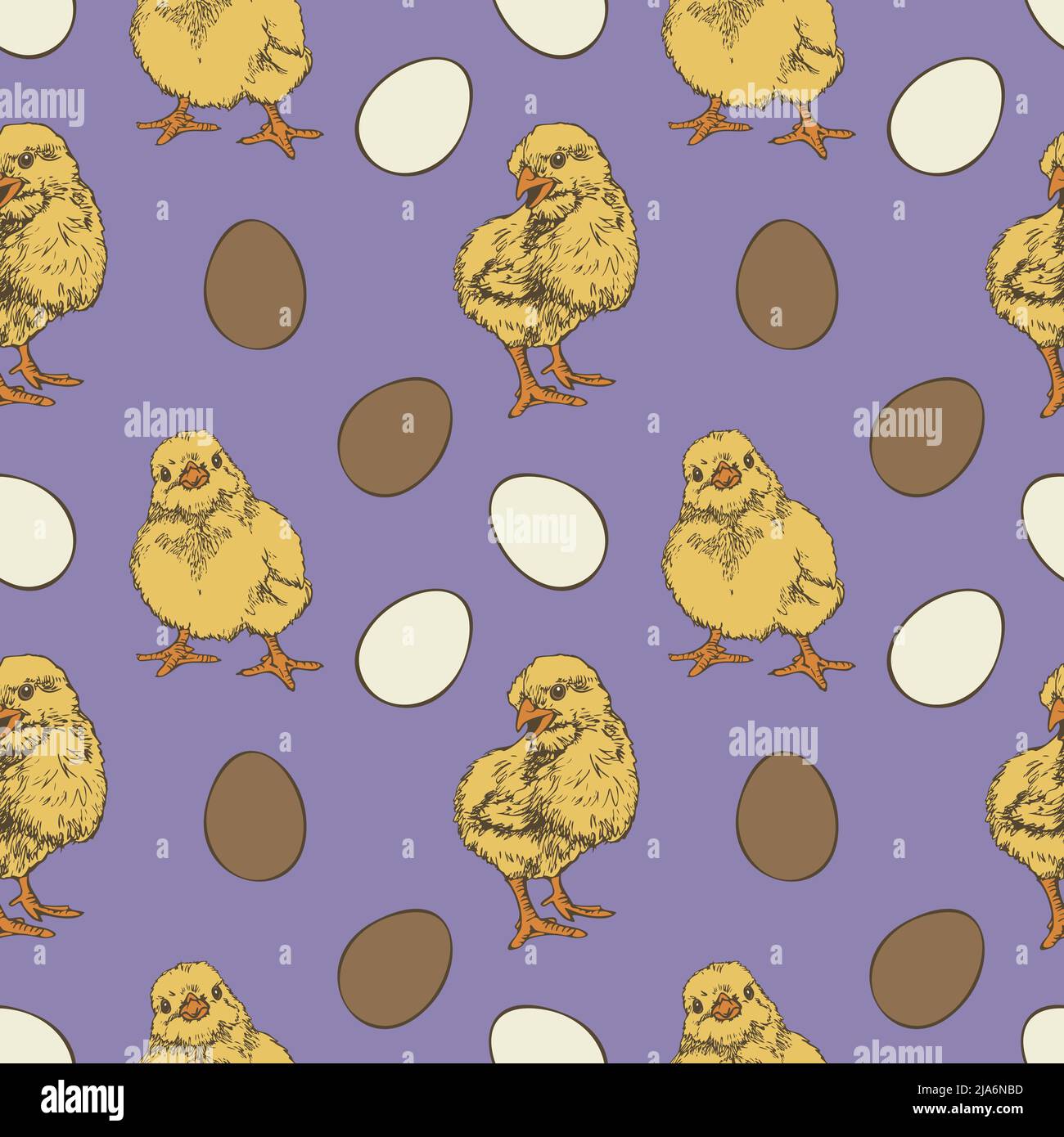Vector seamless pattern with eggs and chicks on purple background. Hand ...