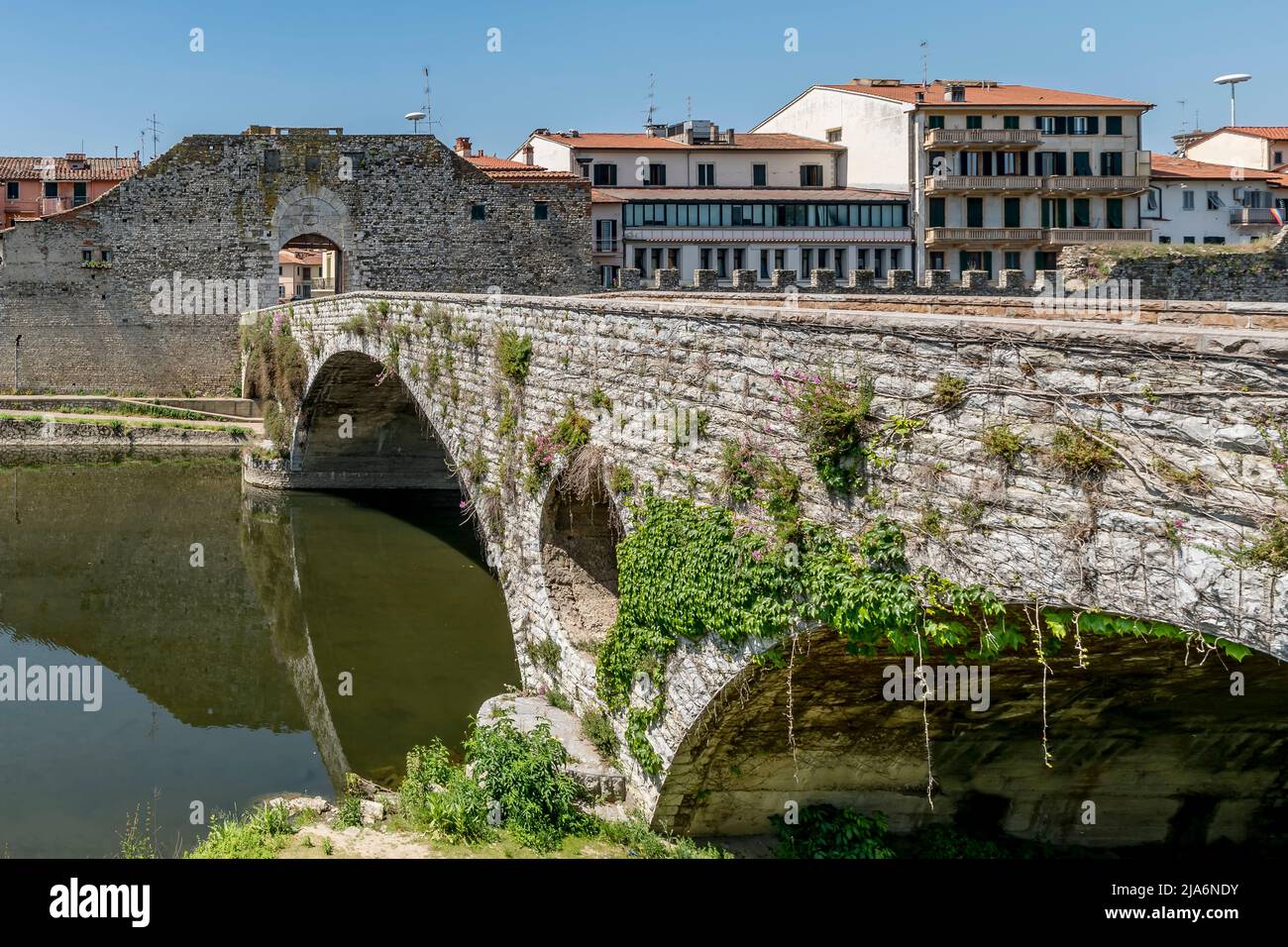 The ancient Mercatale bridge over the Bisenzio river, which gives ...