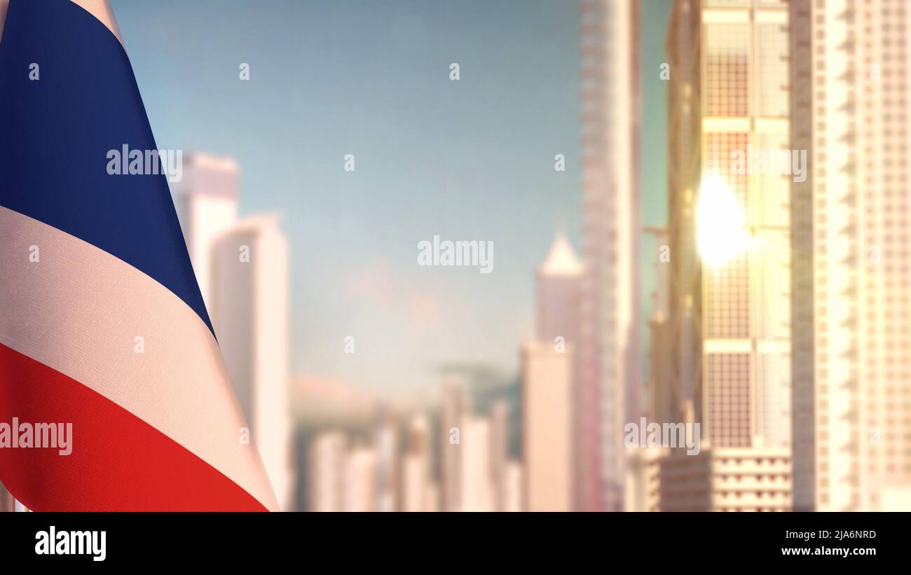 flag of Thailand on city skyscrapers buildings vanilla sunrise backdrop ...