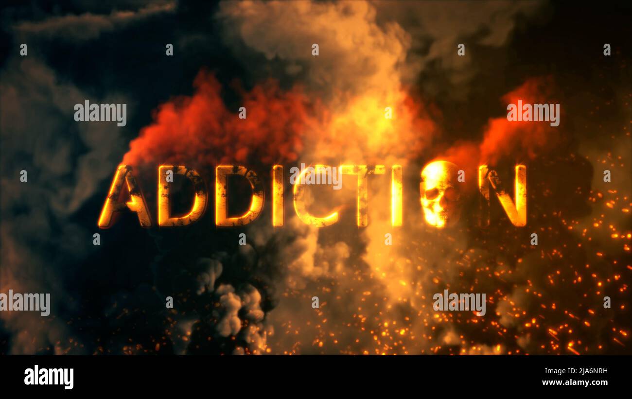 Text addiction with skull burning on dark smoke bg - abstract 3D ...