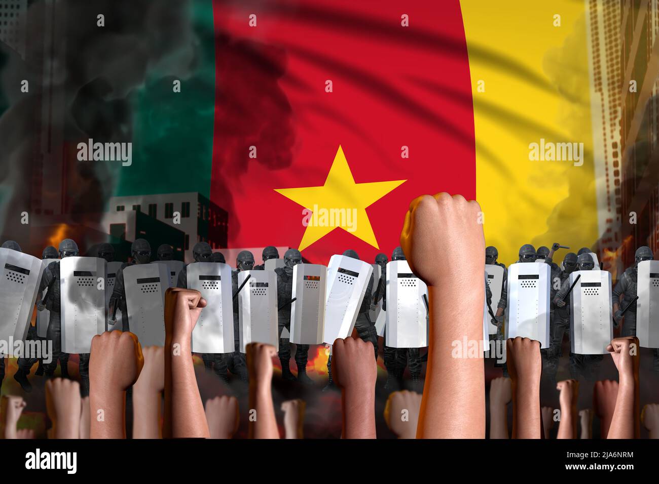 Protest in Cameroon - police guards stand against the protesting crowd ...