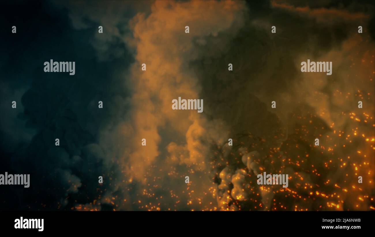 Dark war or battle actions backdrop with smoke sparks and fire ...