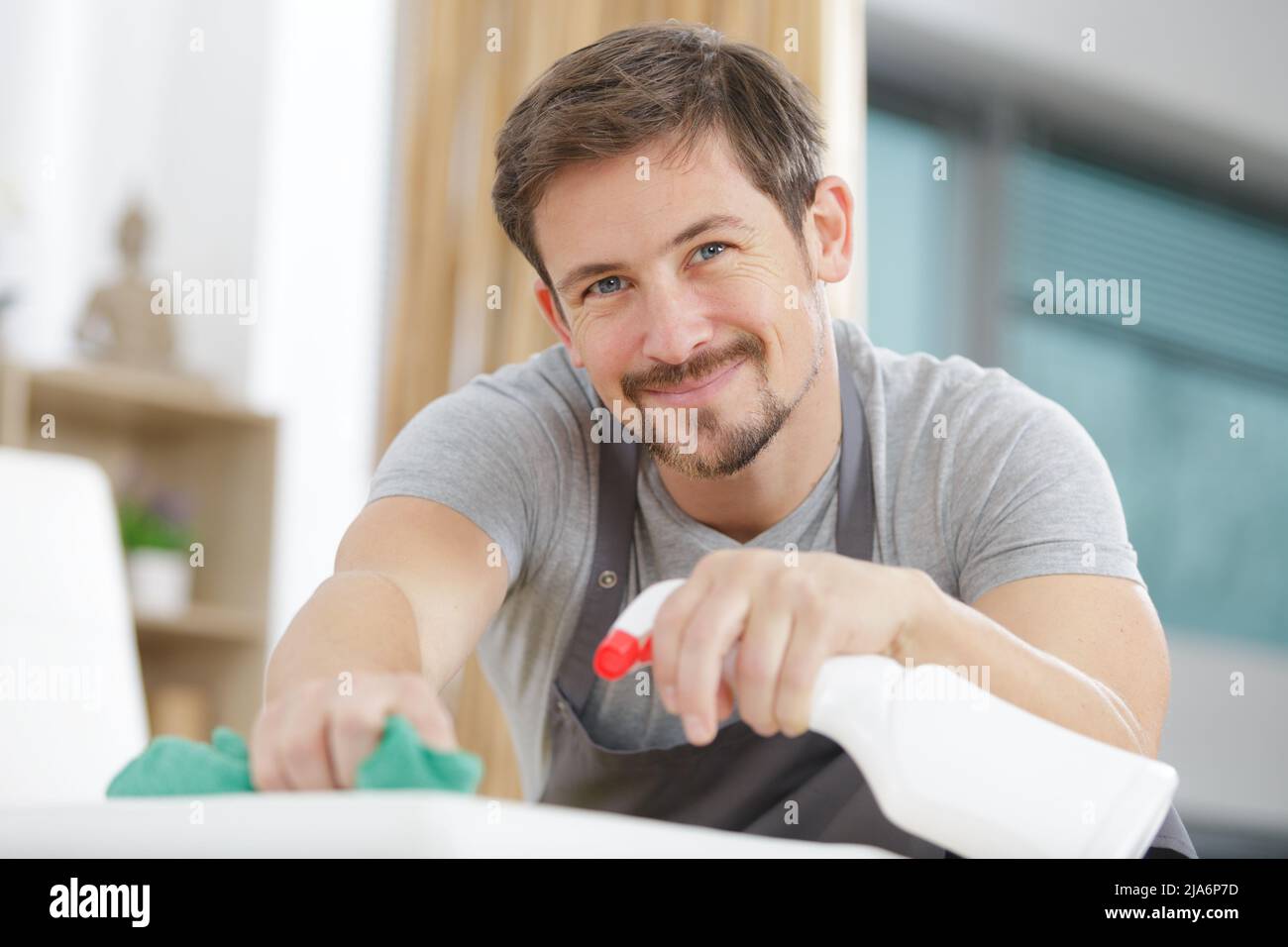 man spraying sofa house service Stock Photo - Alamy