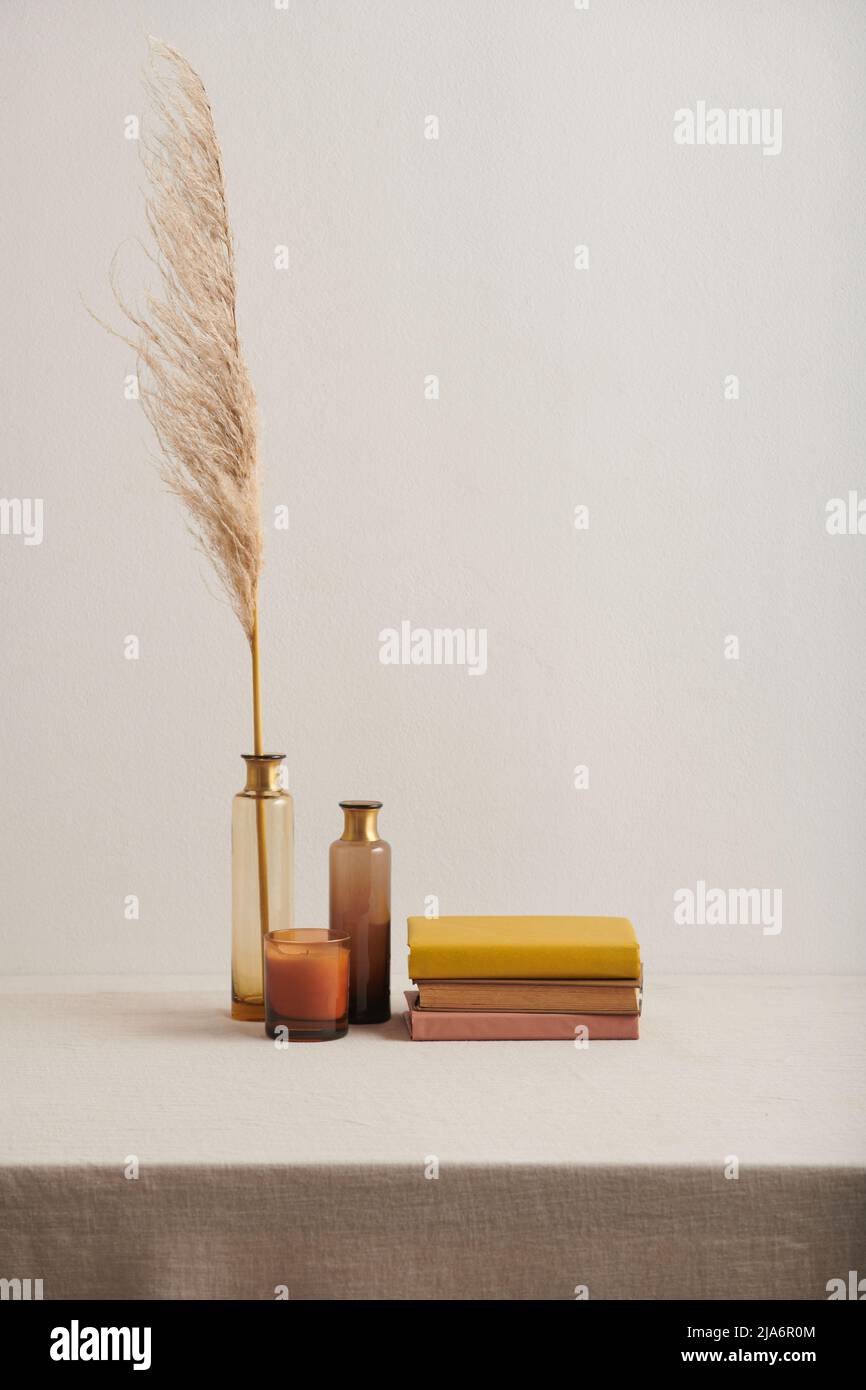 Modern minimalistic still life shot with glass vessels, dried plant and ...
