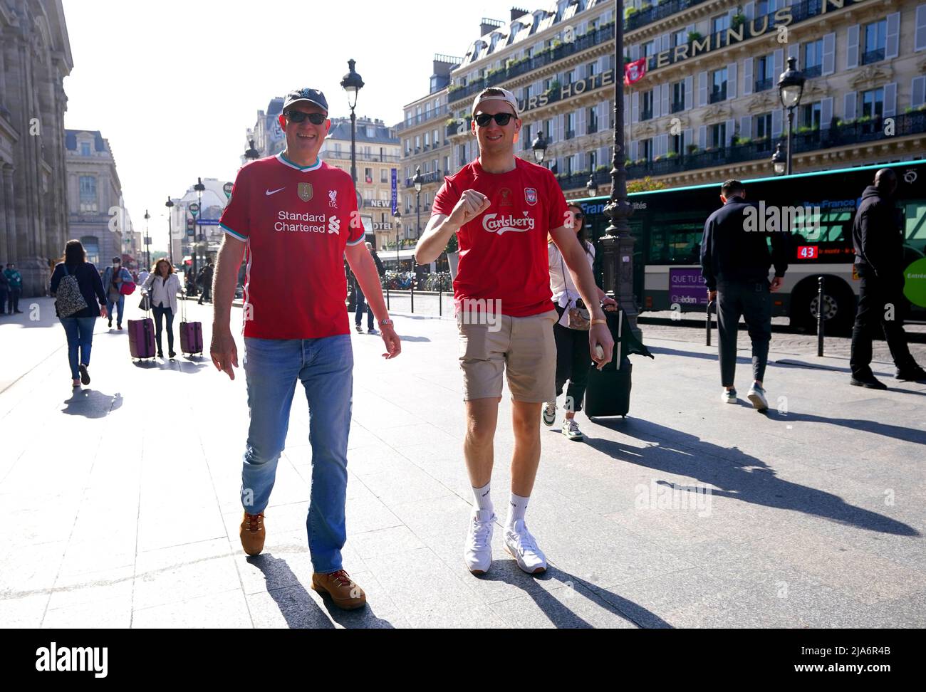 Liverpool fans outside of the 25hours Hotel Paris Terminus Nord ahead ...