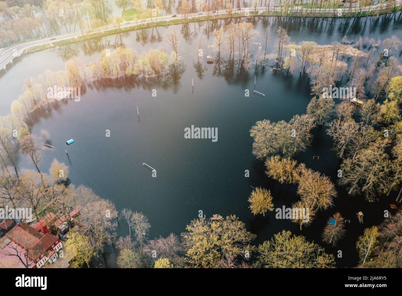 Urban saadion which was flooded by spring flooding of river. Belarus ...