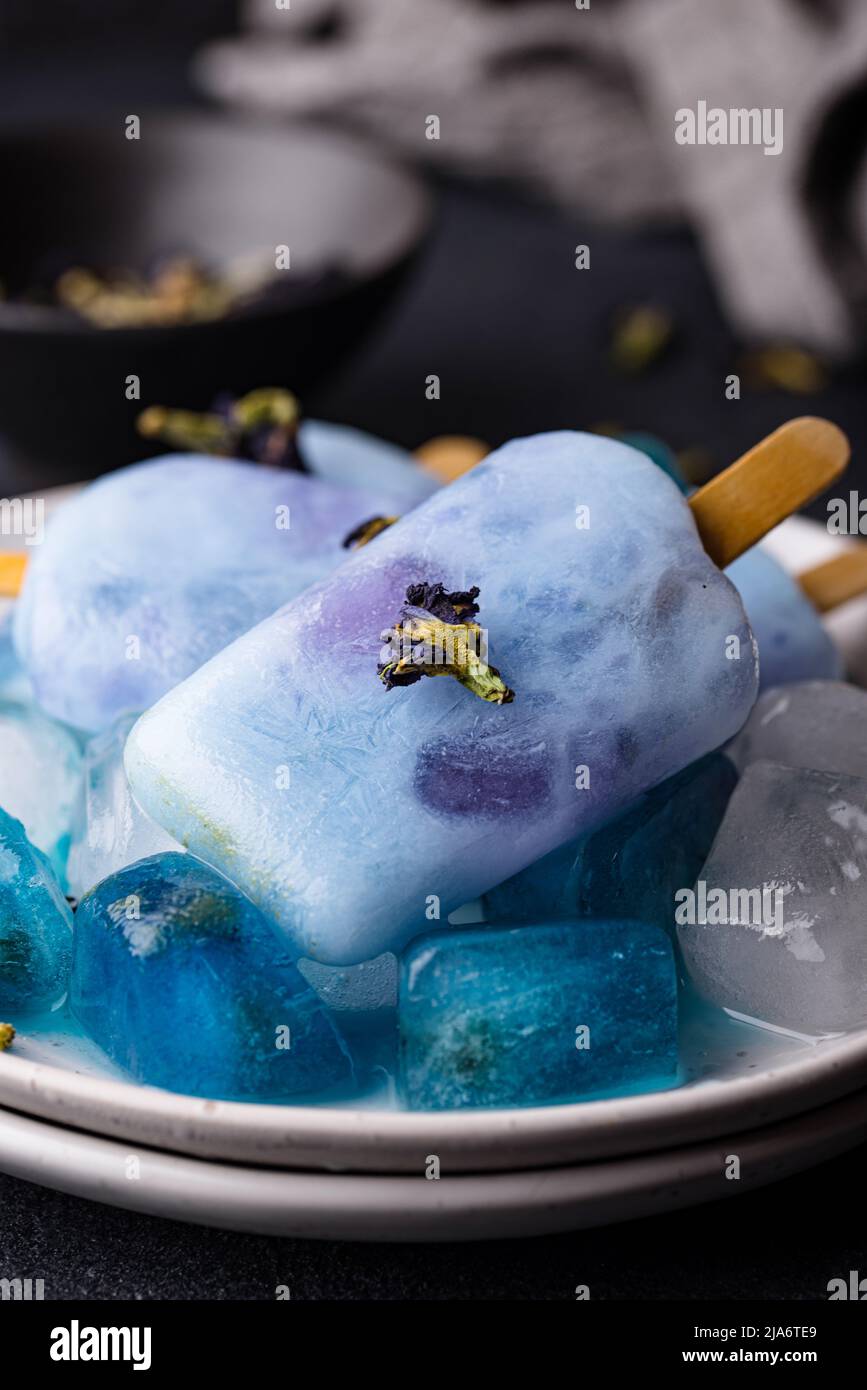 Blue ice cream popsicle from Butterfly pea Stock Photo - Alamy