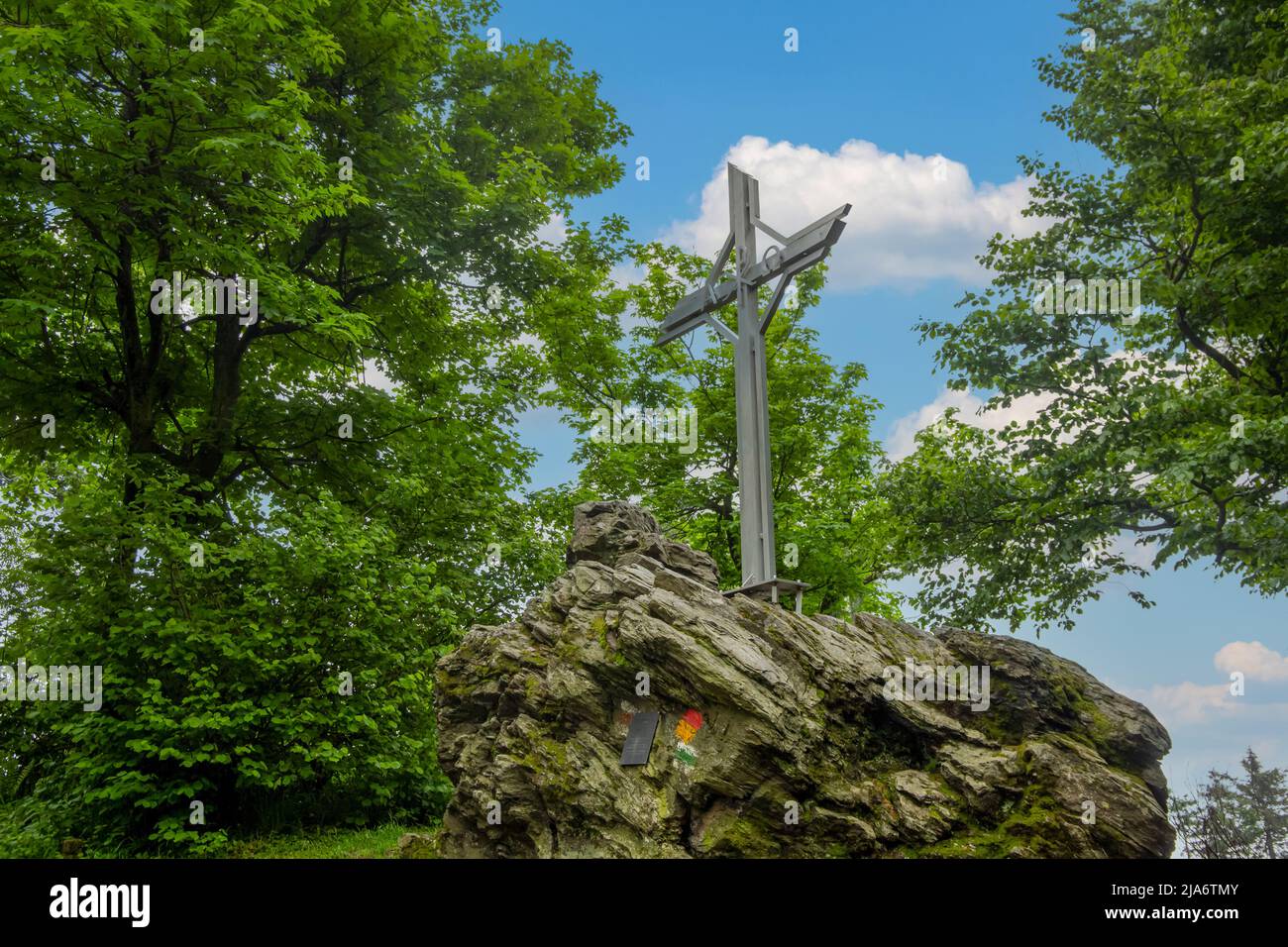 Summit cross on the Geschriebenstein in Austria. At 884 meters above ...