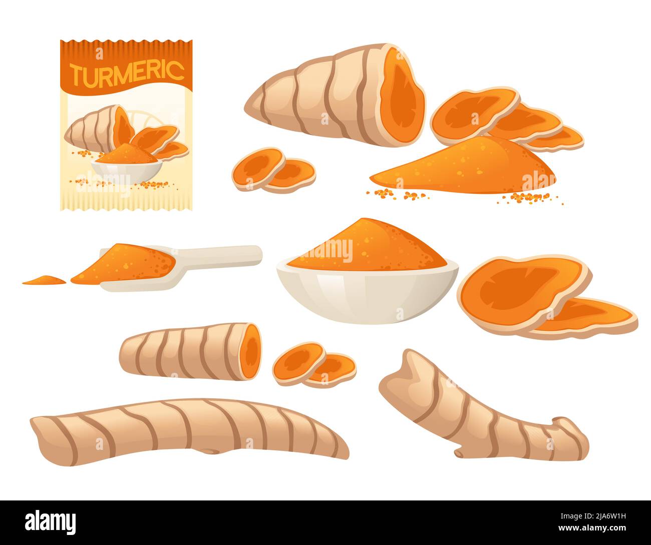 Set of Turmeric root seasoning with root and milled powder paper ...