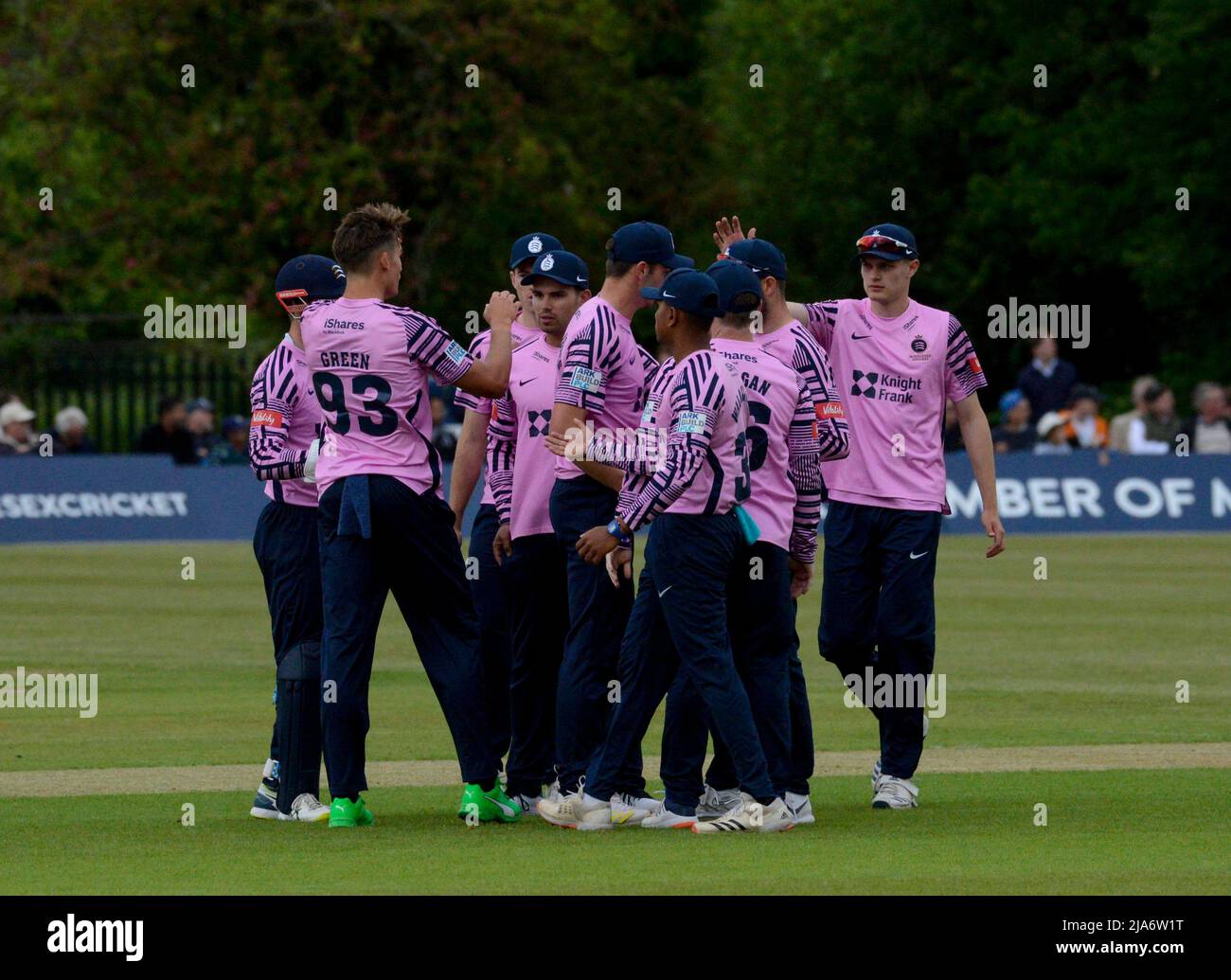 The Middlesex Team celebrate a wicet in a T20 Match at Radlett cricket ...