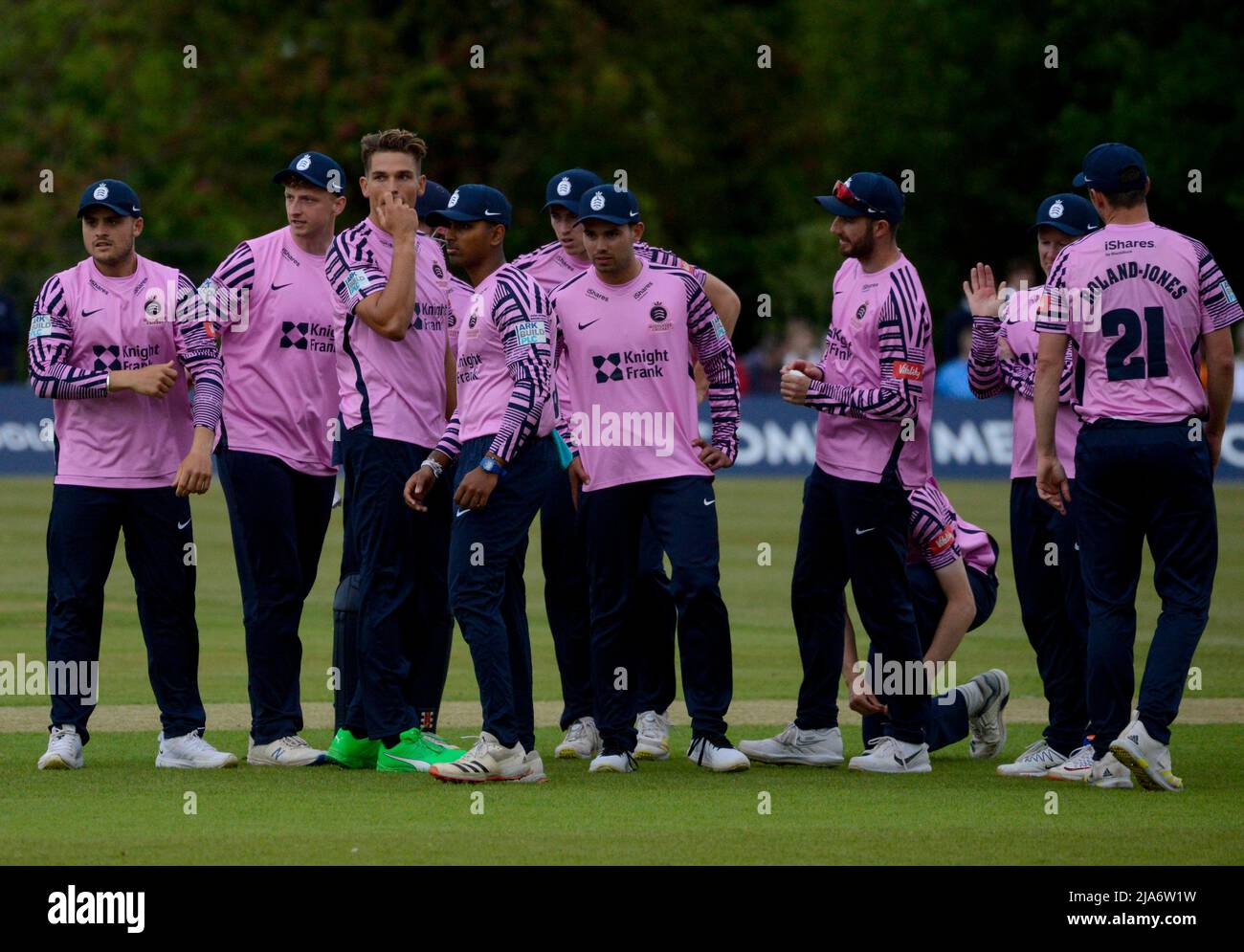 The Middlesex Team celebrate a wicet in a T20 Match at Radlett cricket ...