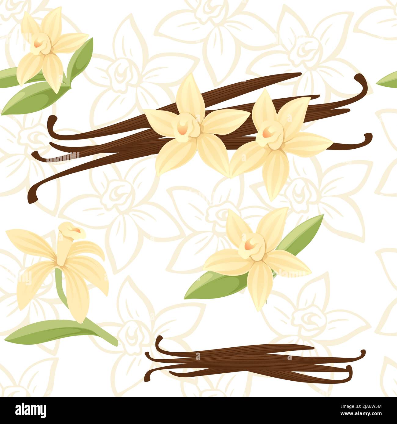 Seamless pattern of vanilla sticks with flowers vector illustration on ...