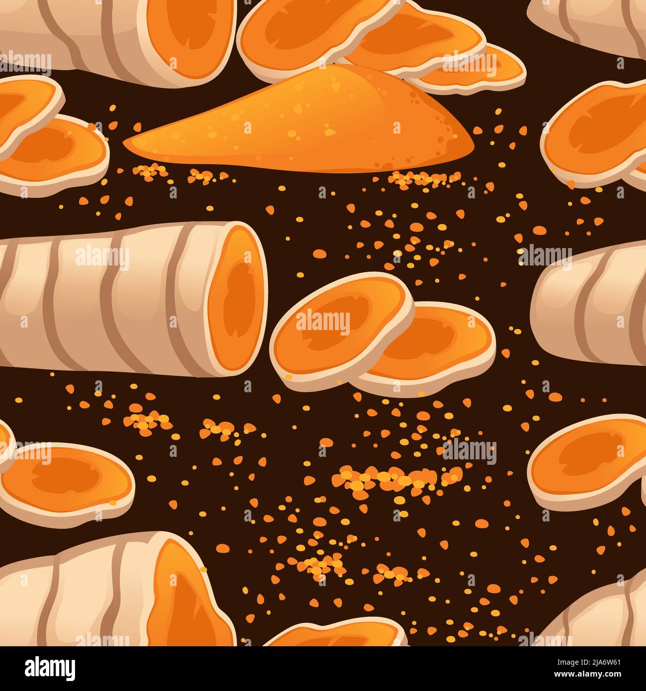 Seamless pattern of Turmeric root seasoning with root and milled powder ...