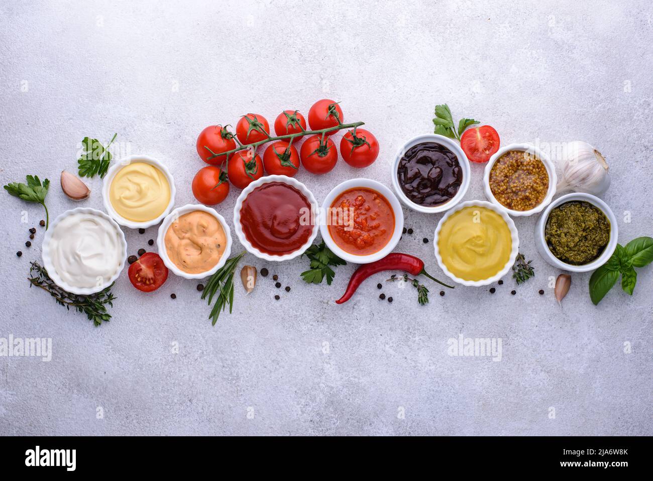 Set of different sauces. Ketchup, mustard and mayonnaise Stock Photo ...