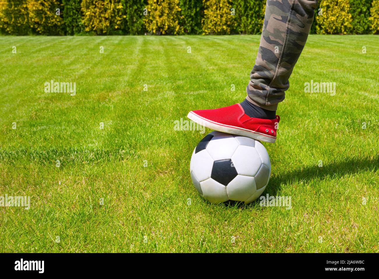 Soccer ball and leg close-up. Sport lifestyle Stock Photo - Alamy