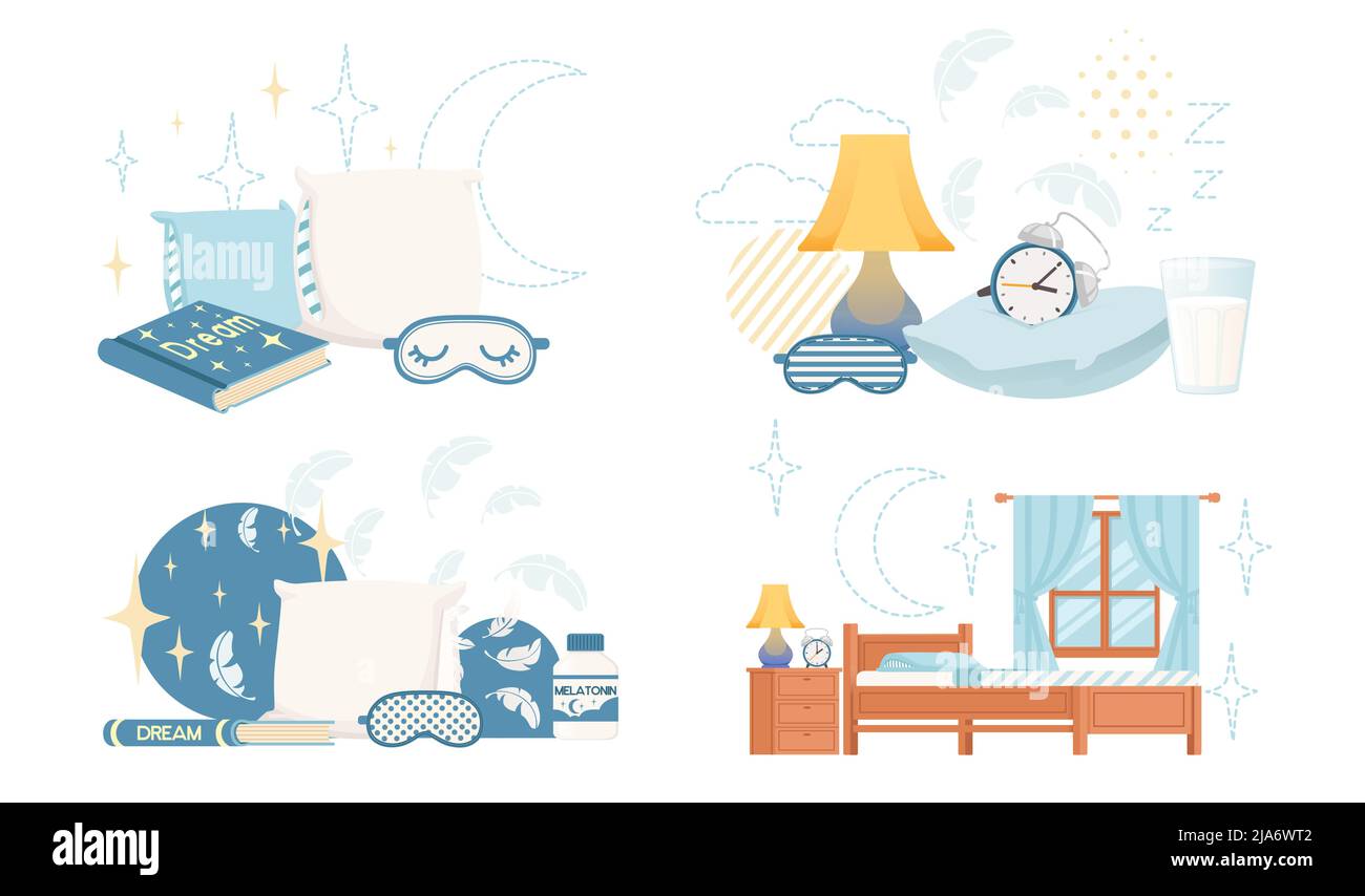 Collection of Items for sleeping pillows mask and night lamp vector ...