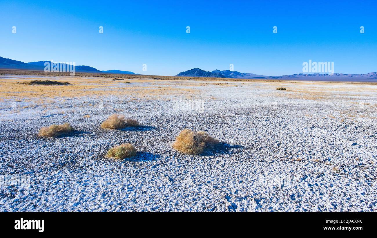 Aerial white sand landscape by Death Valley with mountains and shrubs ...