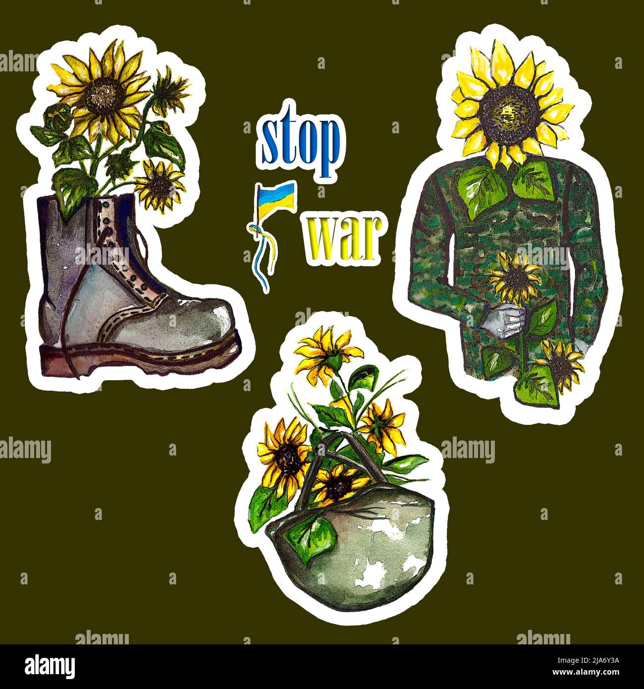 Stop war watercolor set of stickers.Fall sunflowers in military boots ...