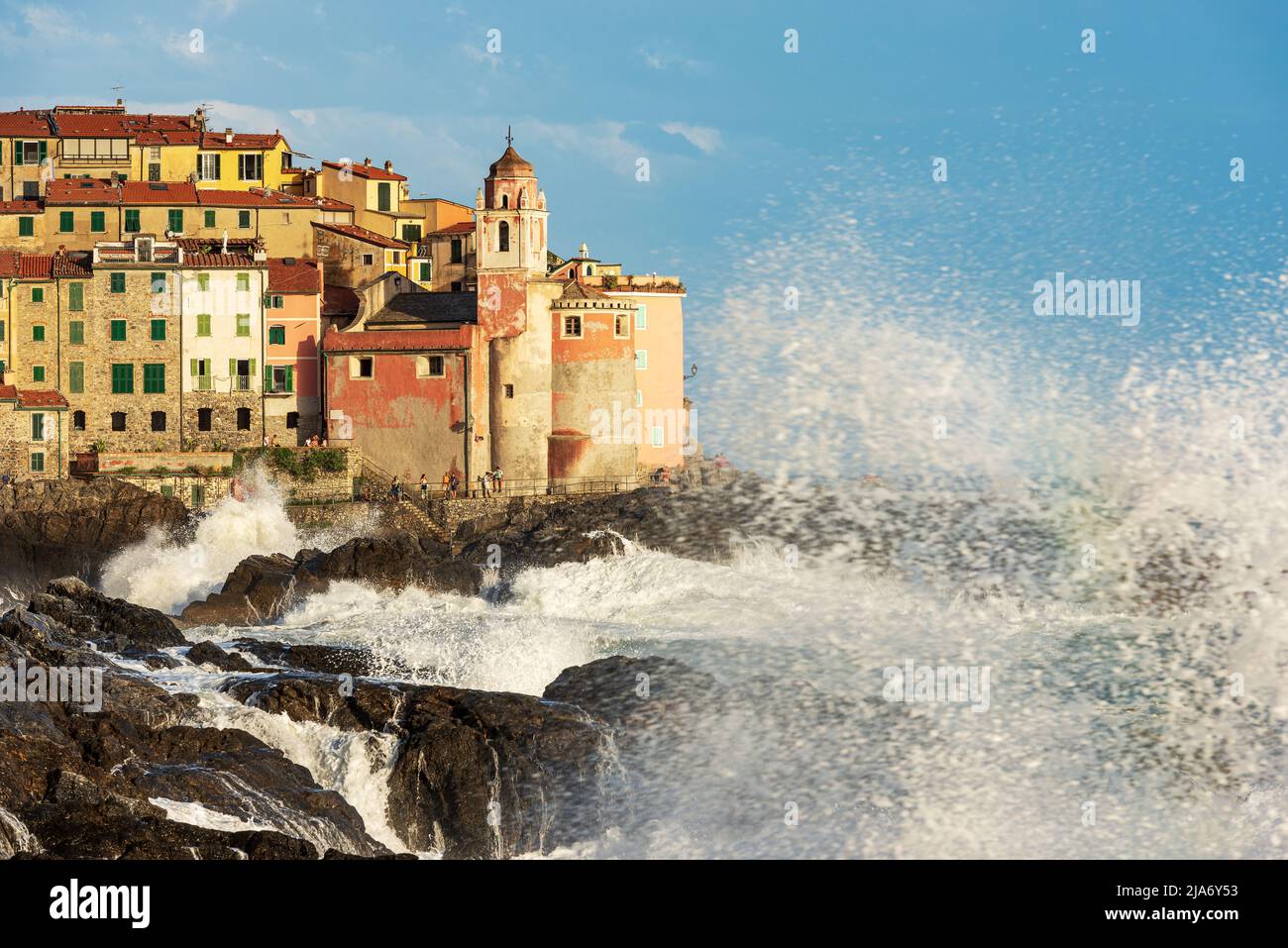 Ancient small Tellaro village with the rough sea, tourist resort on the ...
