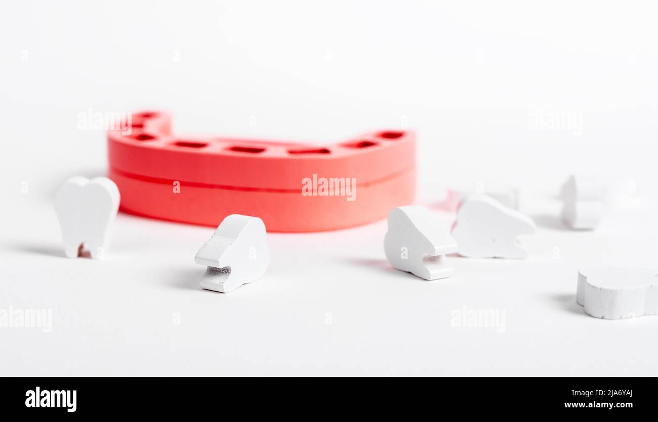 Toothless wooden jaw model with missing teeth. Primary tooth loss or ...