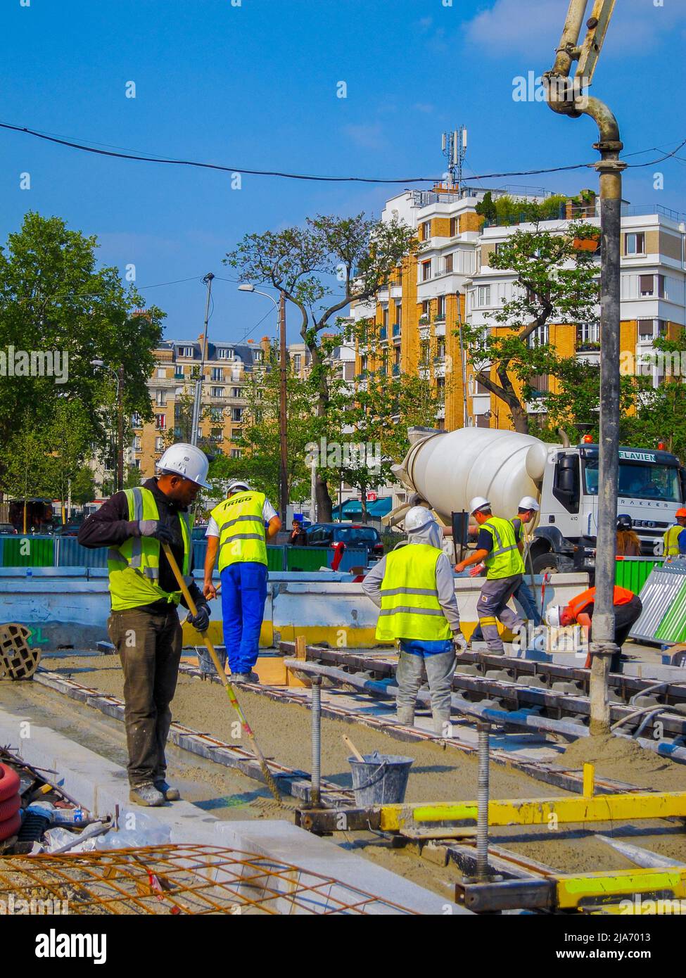 Paris, France, Group Migrant Construction Workers Applying Concrete to ...