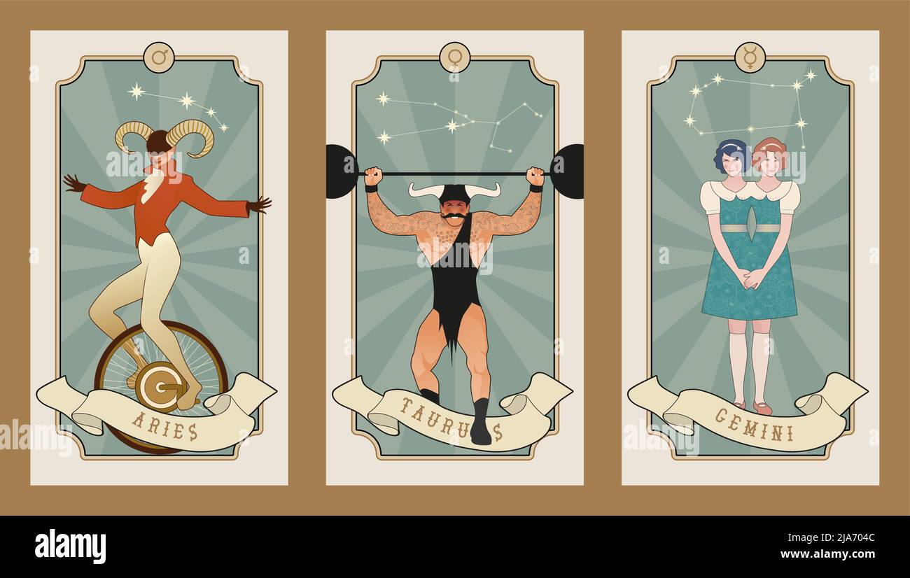 Cards signs of the zodiac inspired by the world of the vintage Circus ...