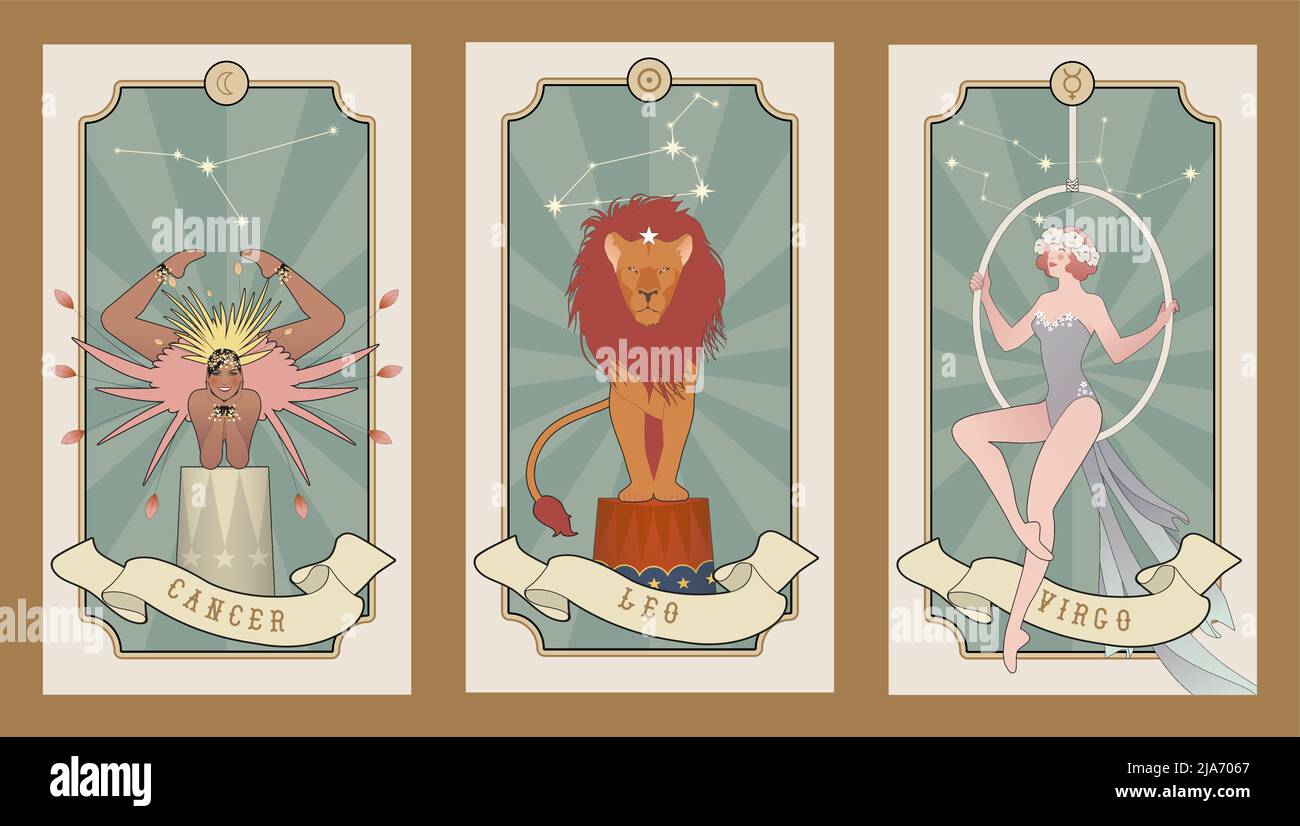 Cards signs of the zodiac inspired by the world of the vintage Circus ...