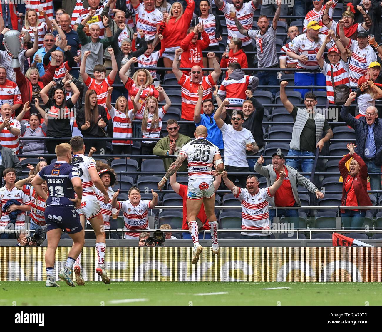 Blake Ferguson-Cowell #26 of Leigh Centurions celebrates his try in ...