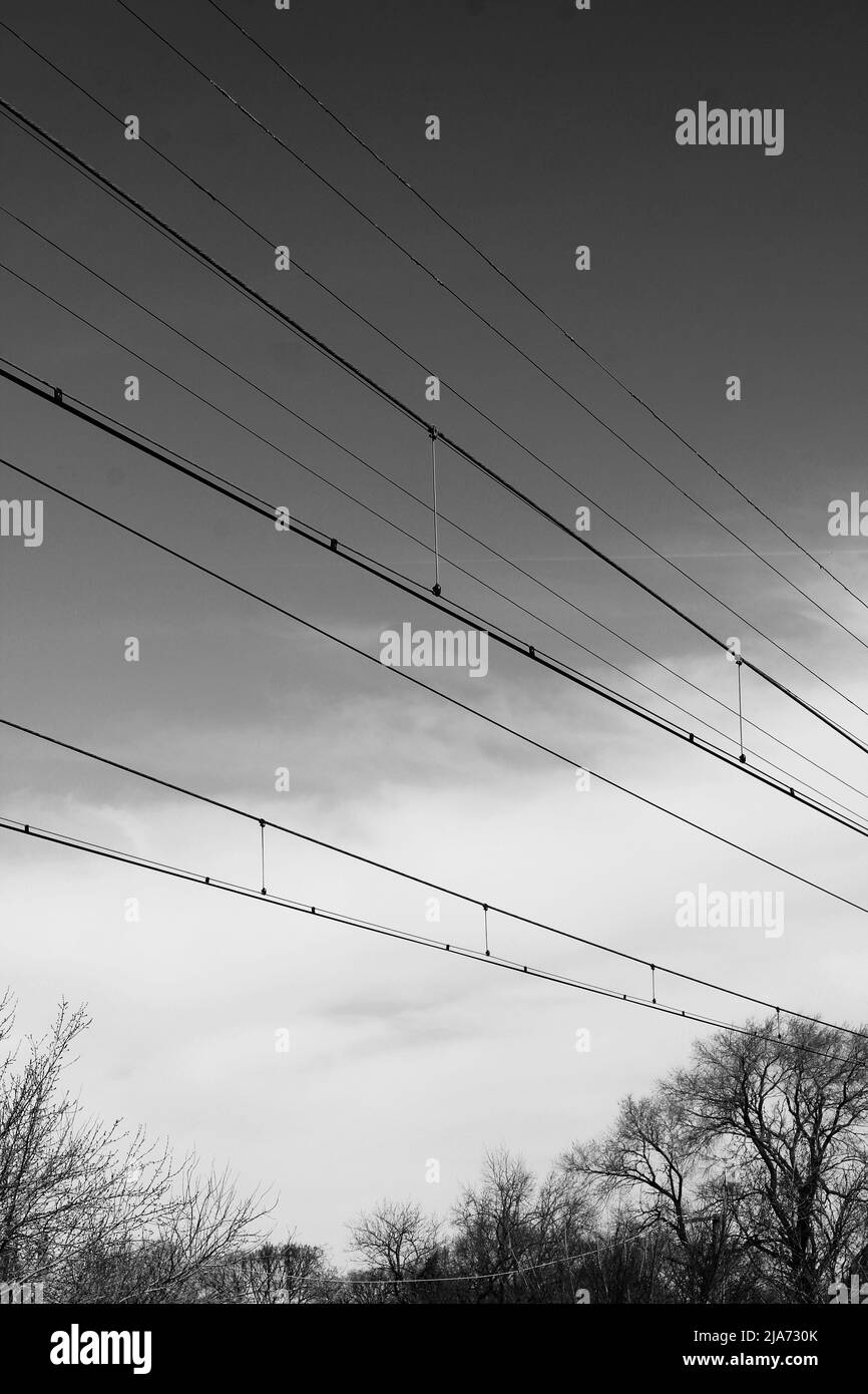 Railway tracks overhead wires Black and White Stock Photos & Images - Alamy
