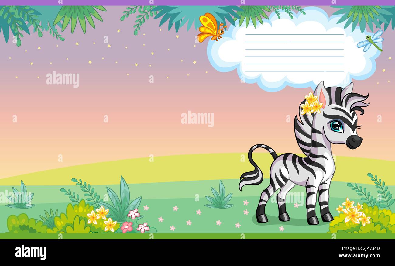 Colorful cover design with cute character zebra in nature. Children ...