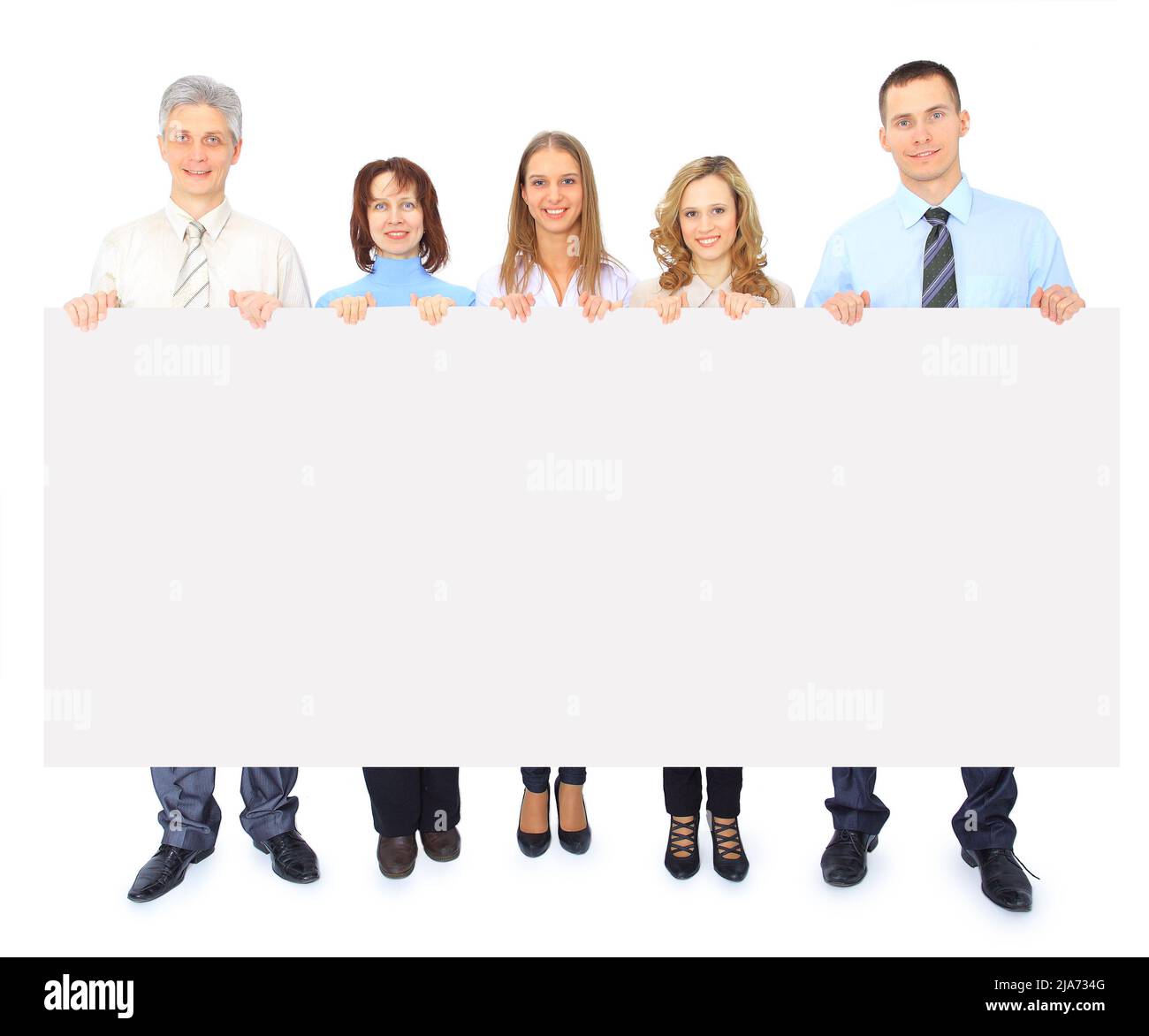 group of business people holding a banner ad isolated on white Stock ...